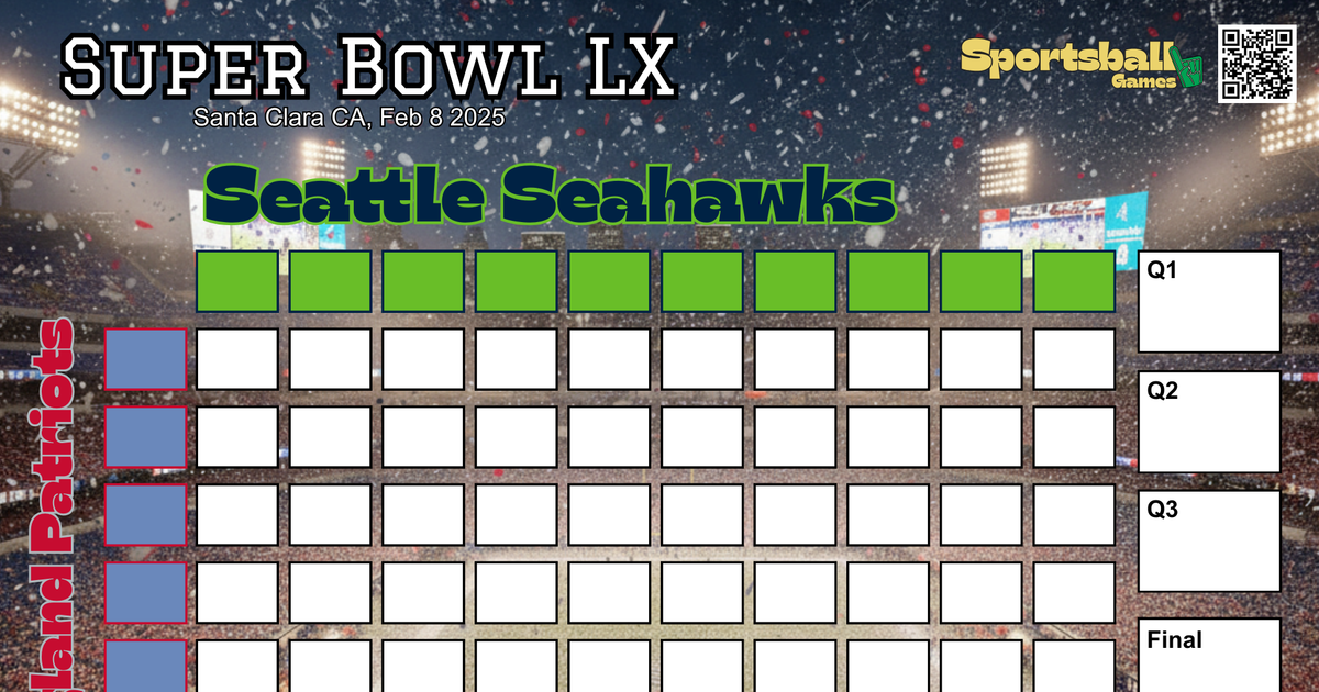 Free printable Super Bowl squares grid 2026 (PDF) | Sportsball